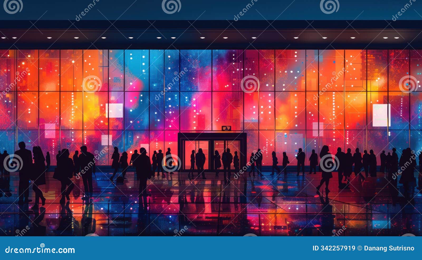A Crowd of People Stand in Front of a Large Building with a Colorful ...