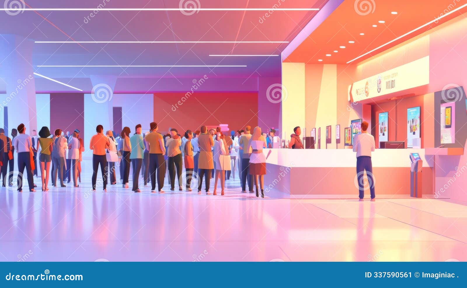 Crowd of People Standing in Line at a Ticket Booth in a Modern Building ...
