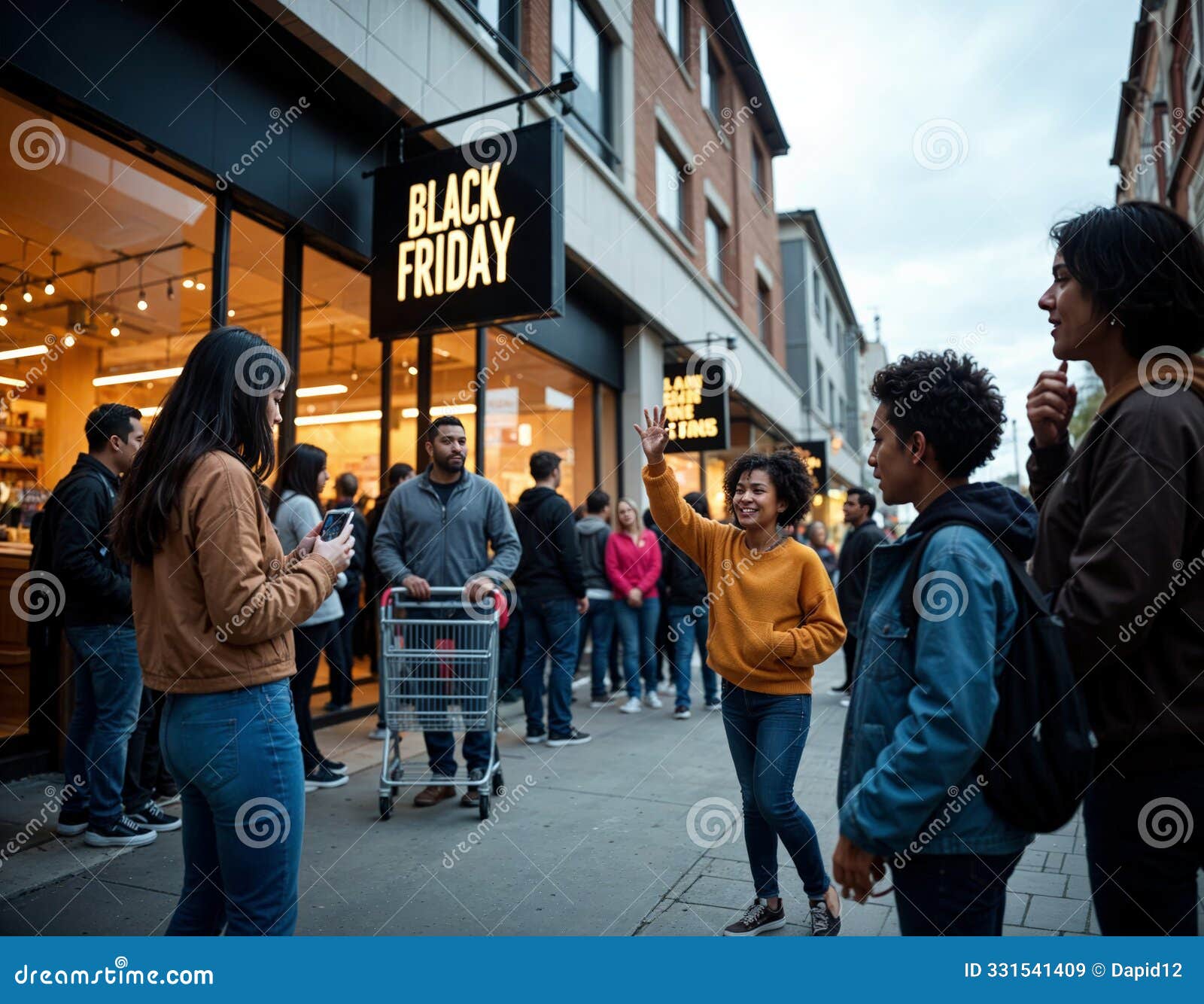 Crowd of People Standing Outside a Store with Black Friday Sign Stock ...