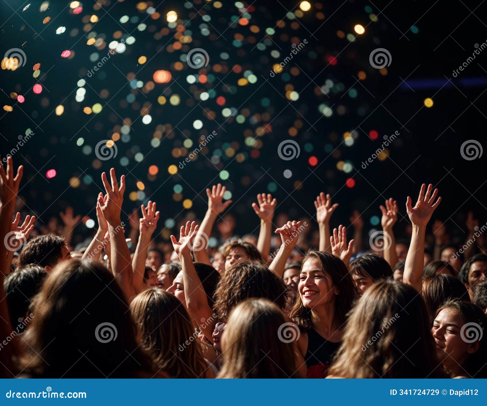 A Crowd of People with Their Hands Up in the Air and Confetti Raining ...