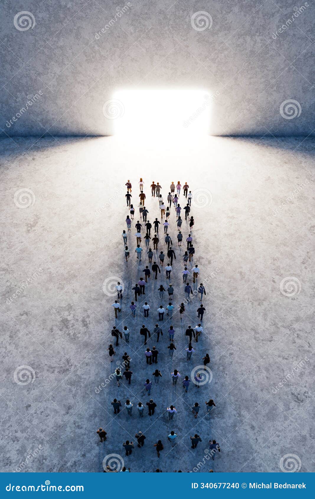 Crowd of People Walking Towards Bright Light Gate in Large Space Stock ...