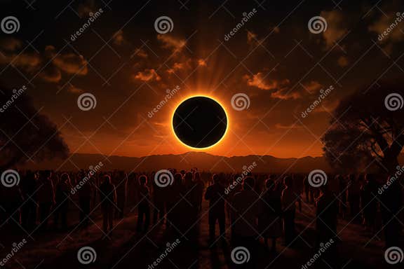 Crowd of People Watching an Annular Solar Eclipse Stock Illustration ...