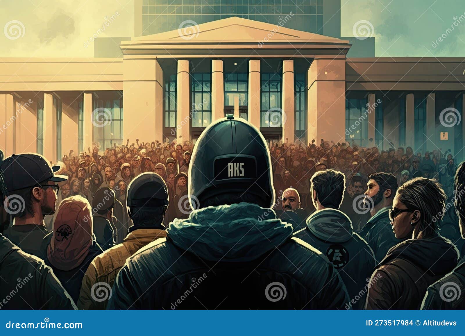 Crowd of Protesters Standing in Front of Large Building, with Police ...