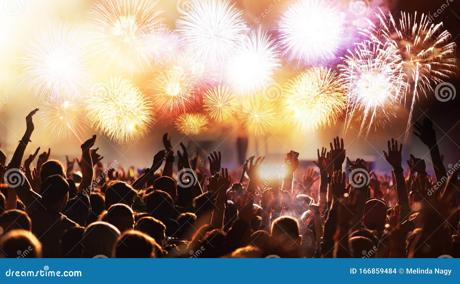Crowd with Raised Hands and Fireworks New Year Banner Editorial Stock ...