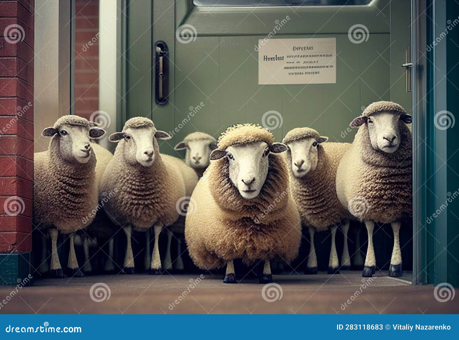 A Crowd of Sheep Look Out the Open Door. Job Interview Queue Stock ...