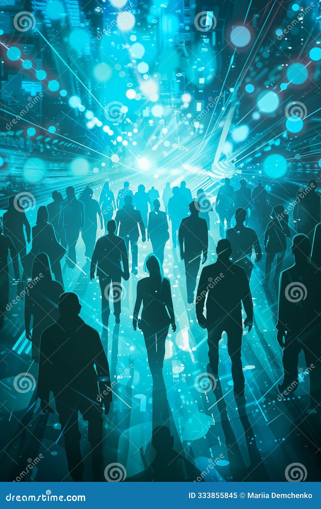 Crowd of Silhouetted People Walking in Futuristic Digital Environment ...