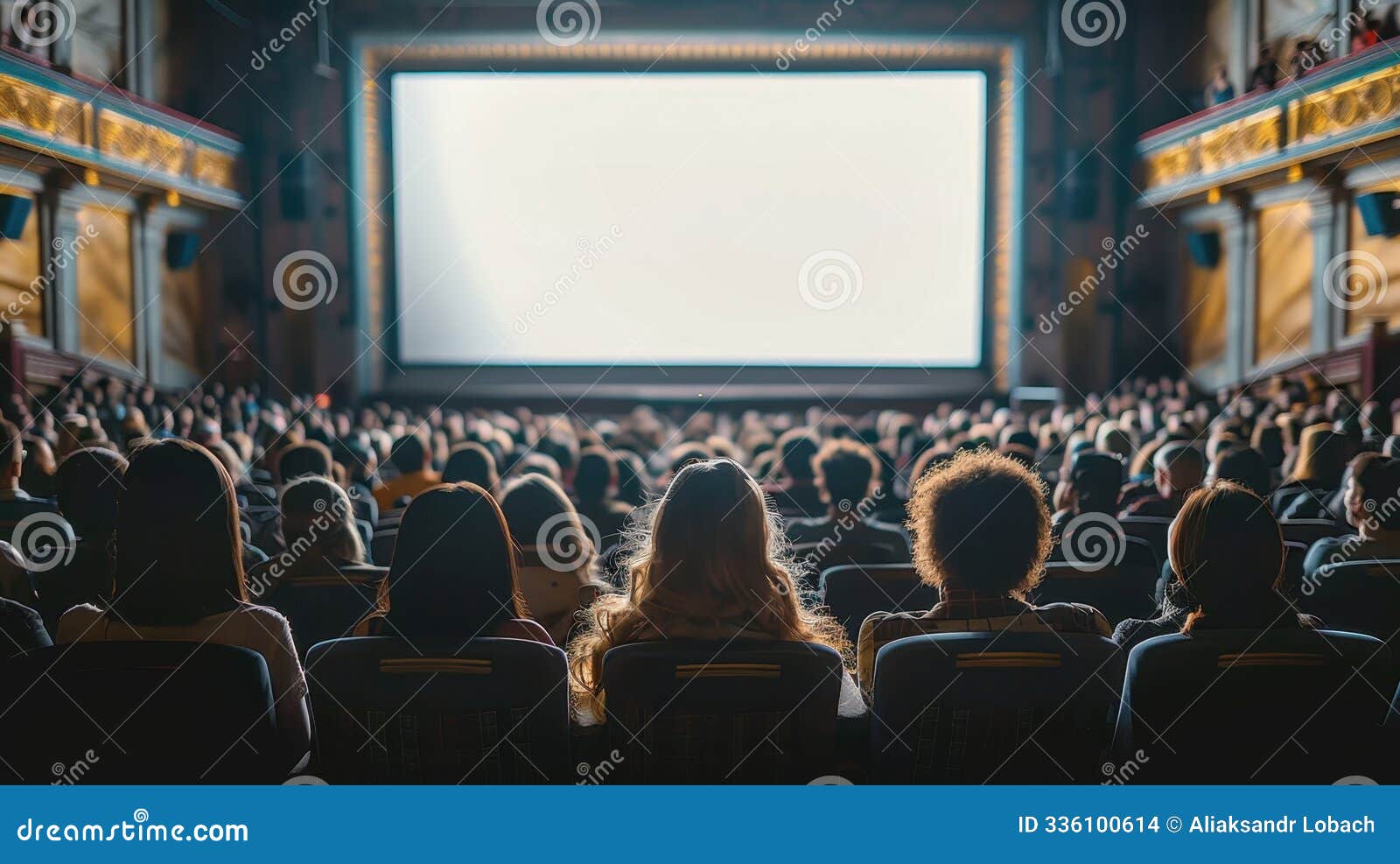 A Crowd of Spectators in the Dark Watching a White Screen in a Movie ...