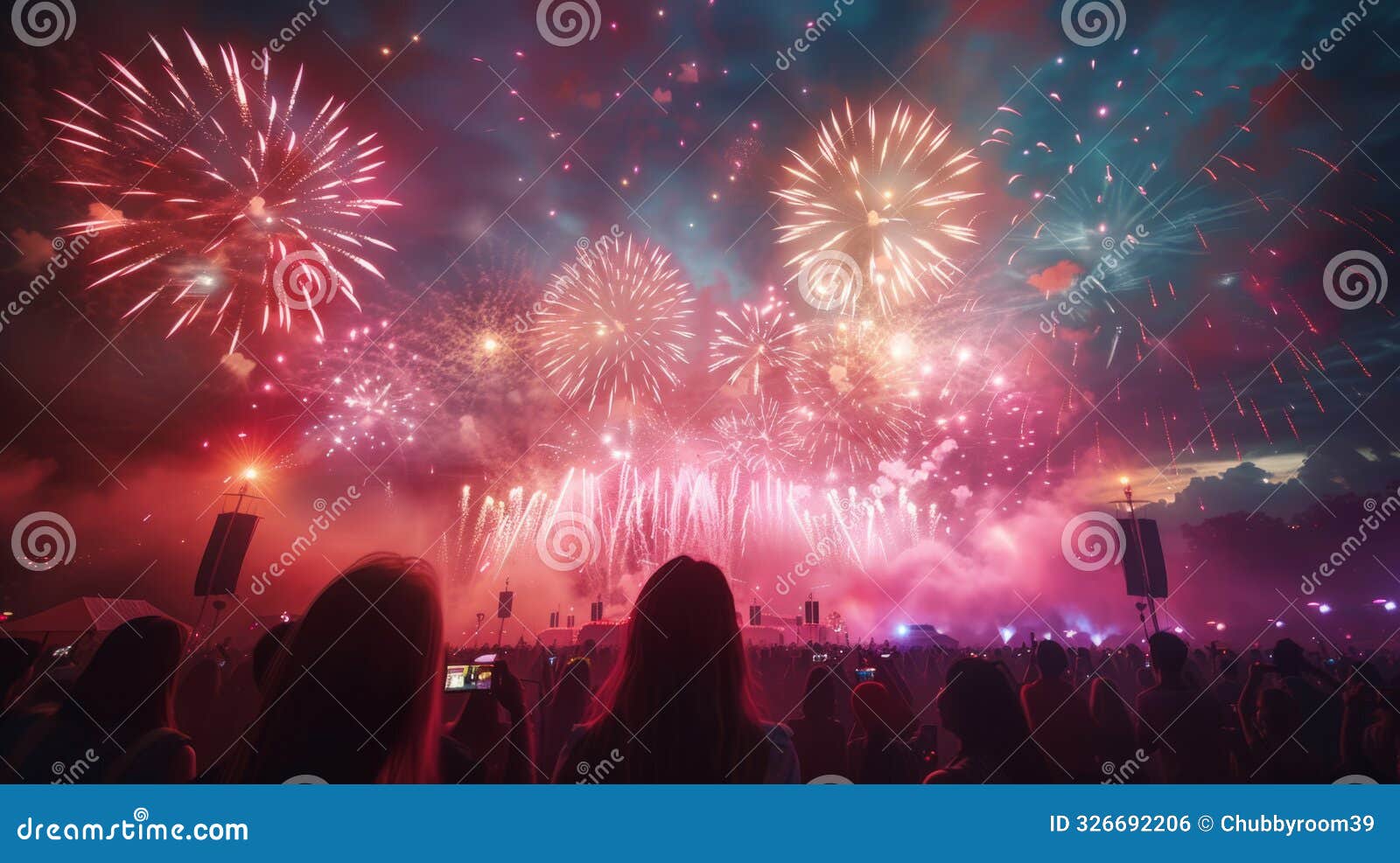 Crowd of Spectators Observing a Vibrant Fireworks Display in the Night ...