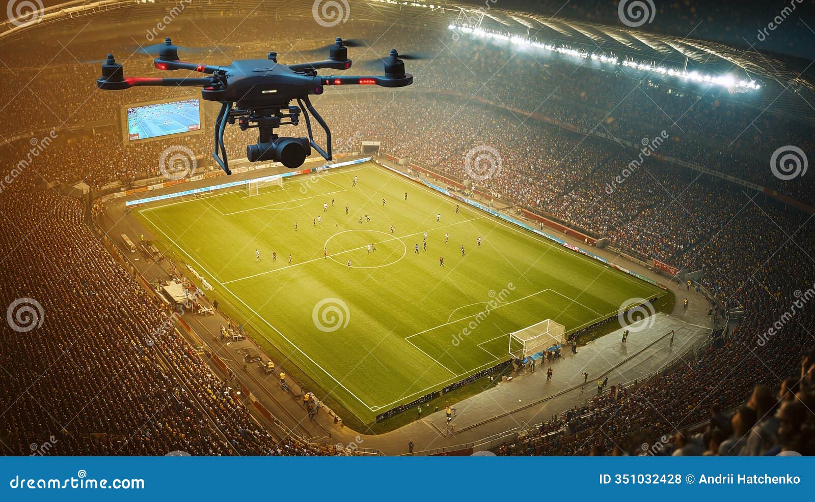 A Crowd in a Stadium with an Overhead Surveillance Drone Discreetly ...
