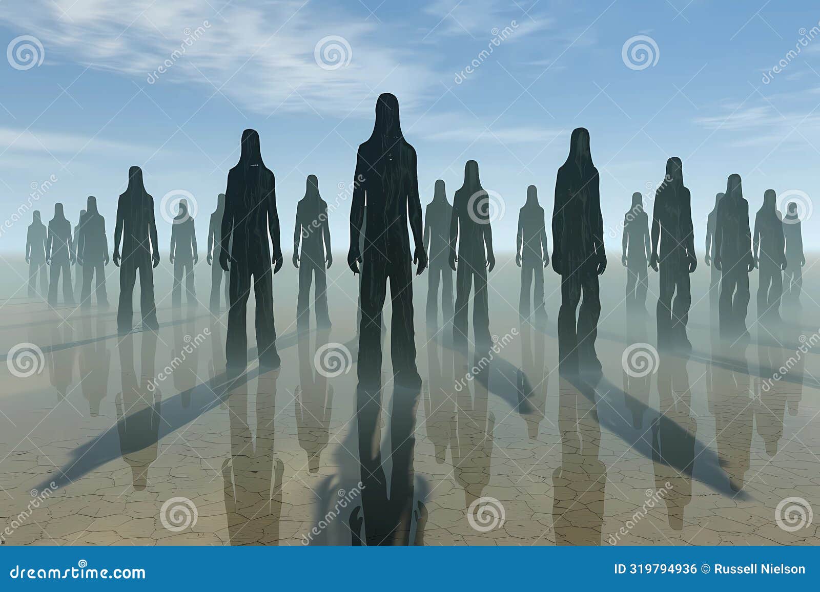 Numerous Silhouetted Figures Stand, Their Shadows Stretching Impossibly ...