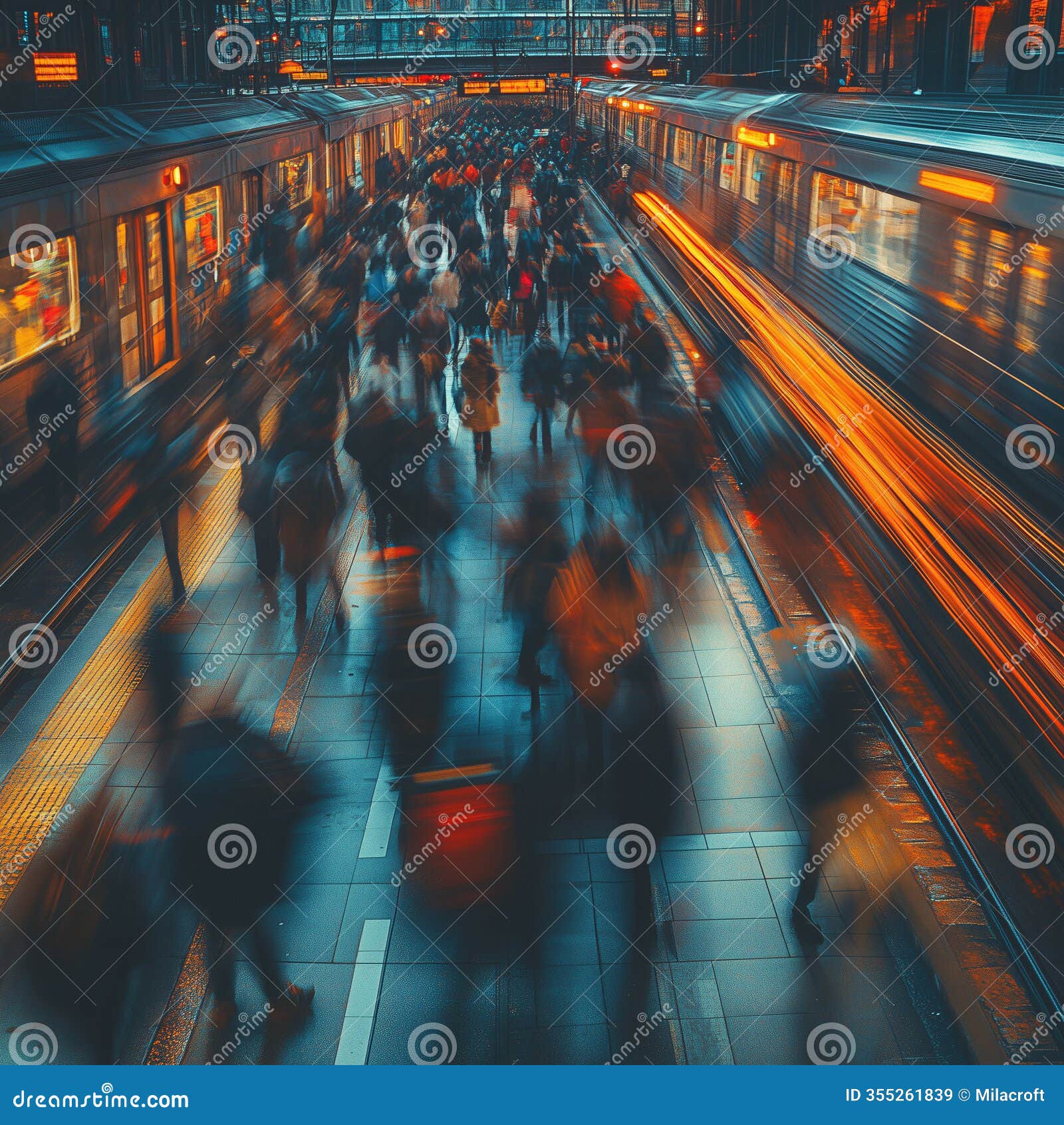 Crowd Walking on Train Station Platform at Dusk with Train Passing by ...