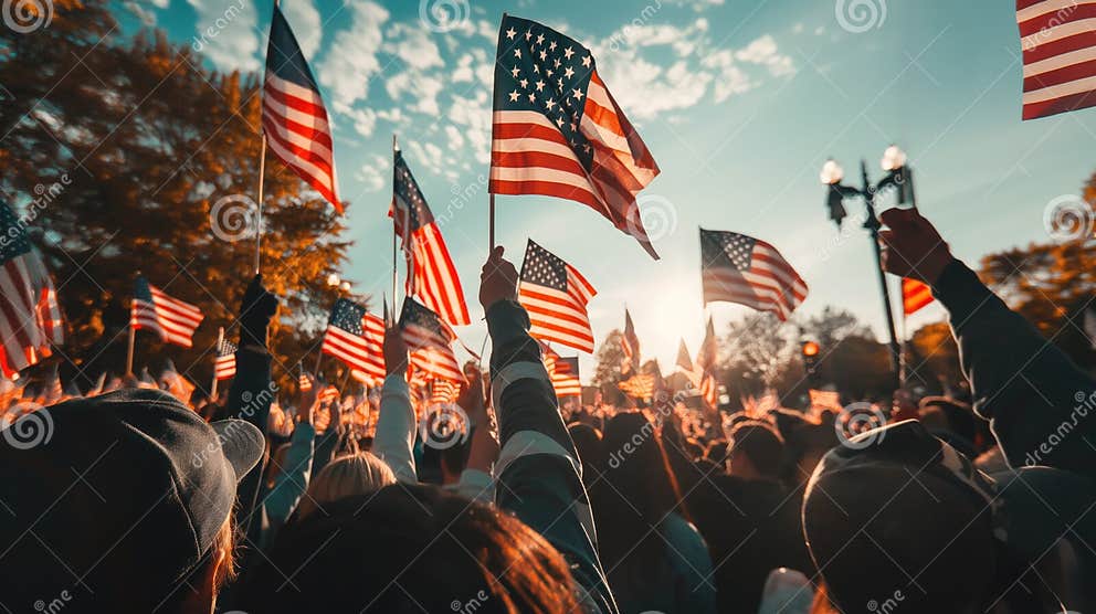 Crowd waving US flags stock illustration. Illustration of patriots ...