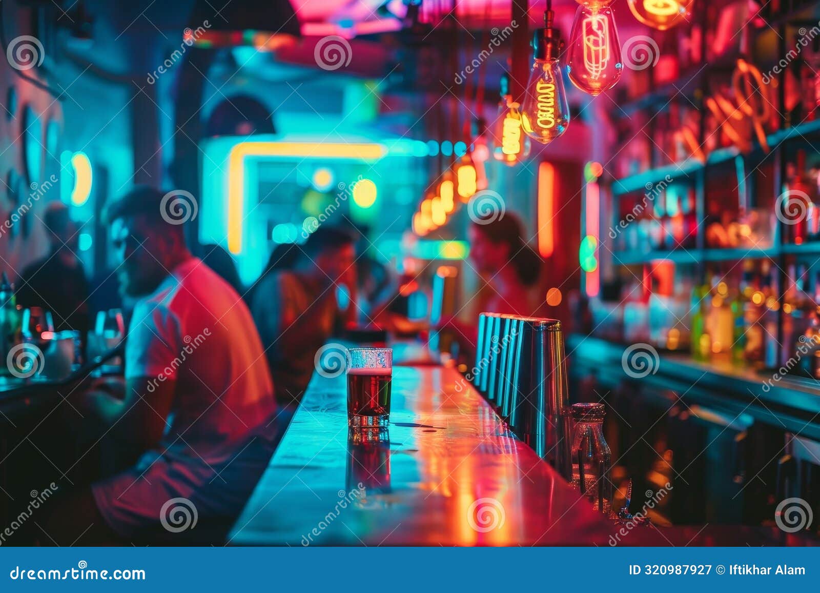 A Crowded Bar with People Sitting at the Bar Under Neon Lights ...