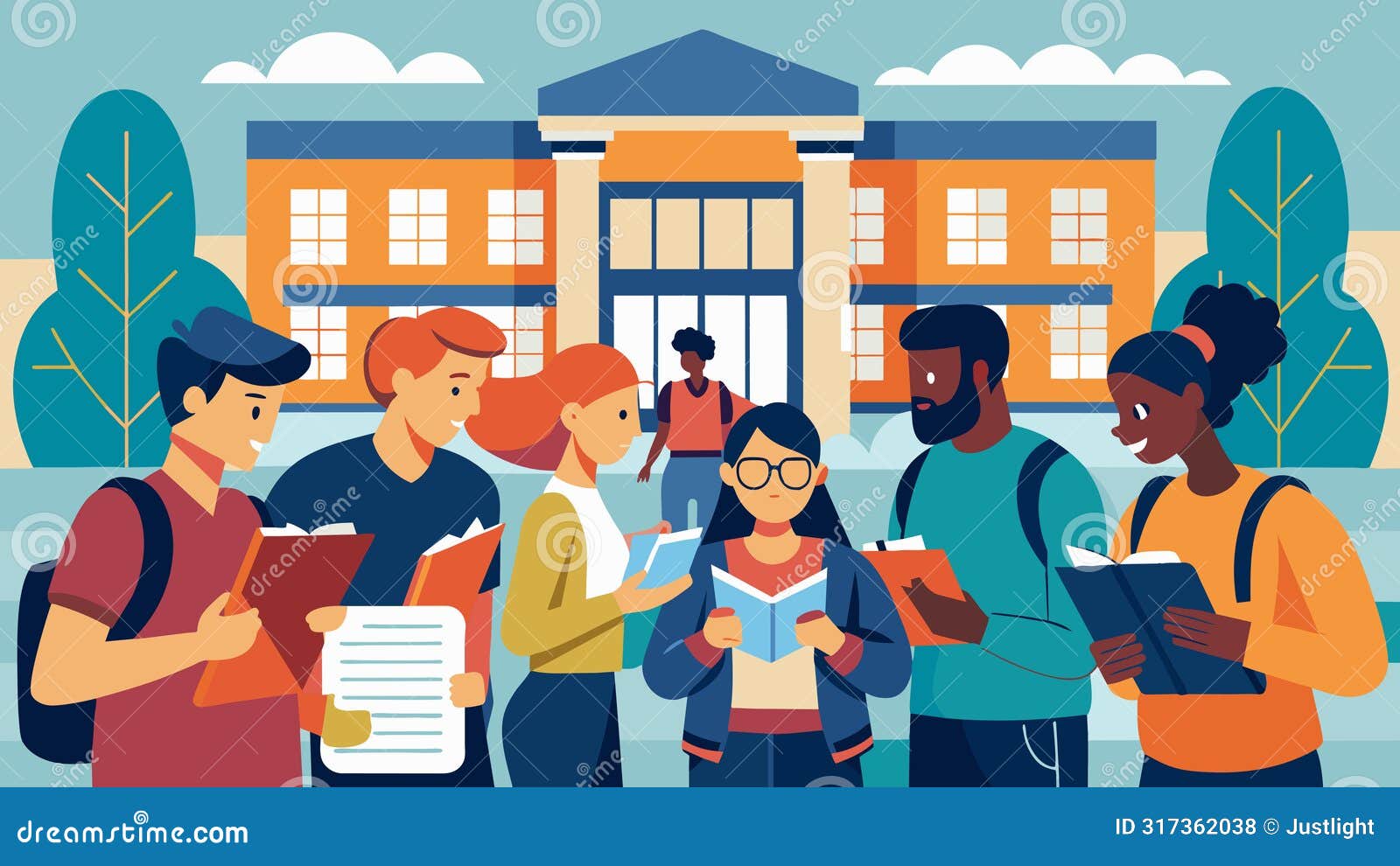 In A Crowded College Campus Library A Group Of Students Huddle Together ...