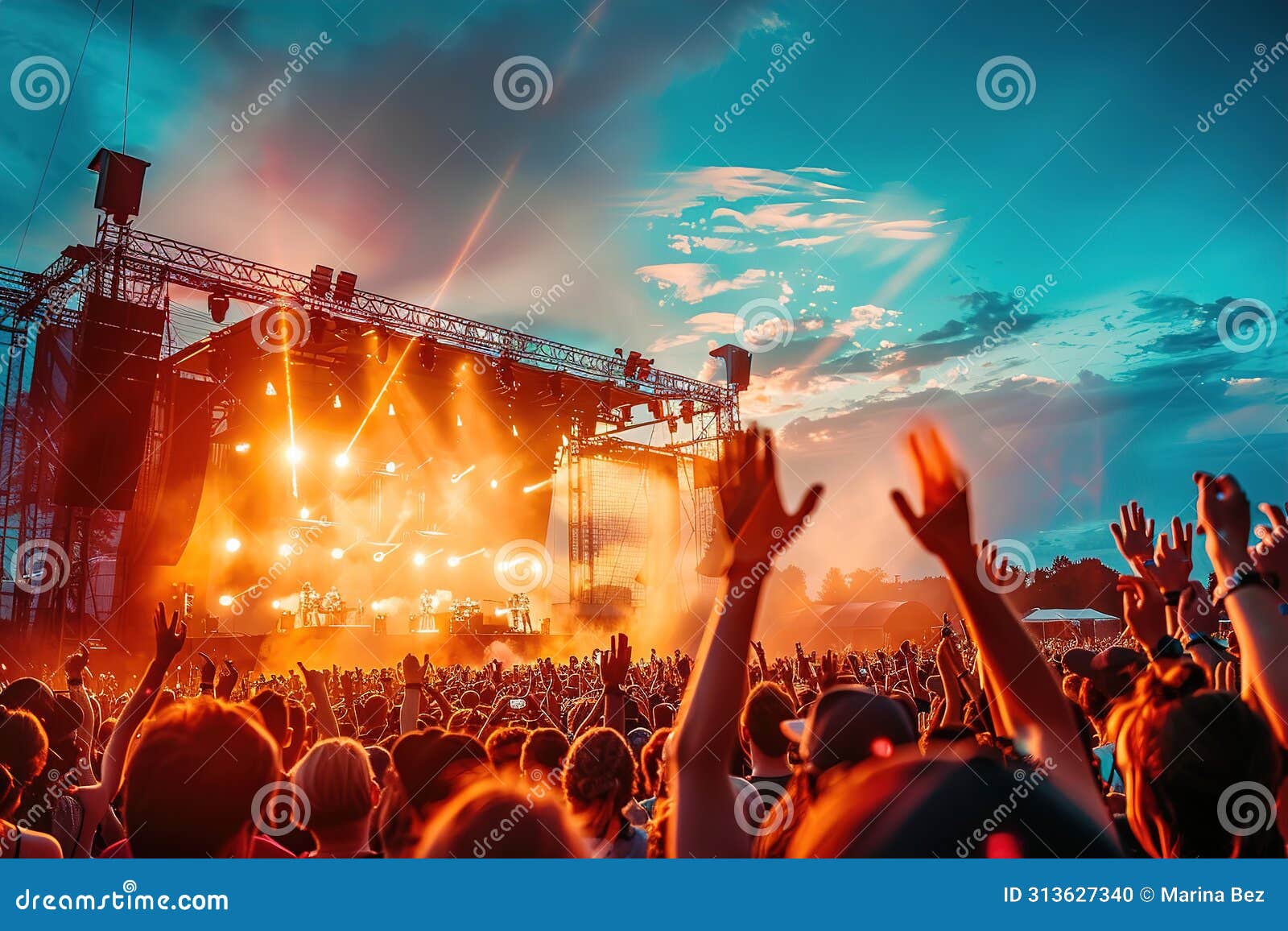 Crowded Concert with Uplifted Hands Against a Sunset Sky Stock Photo ...