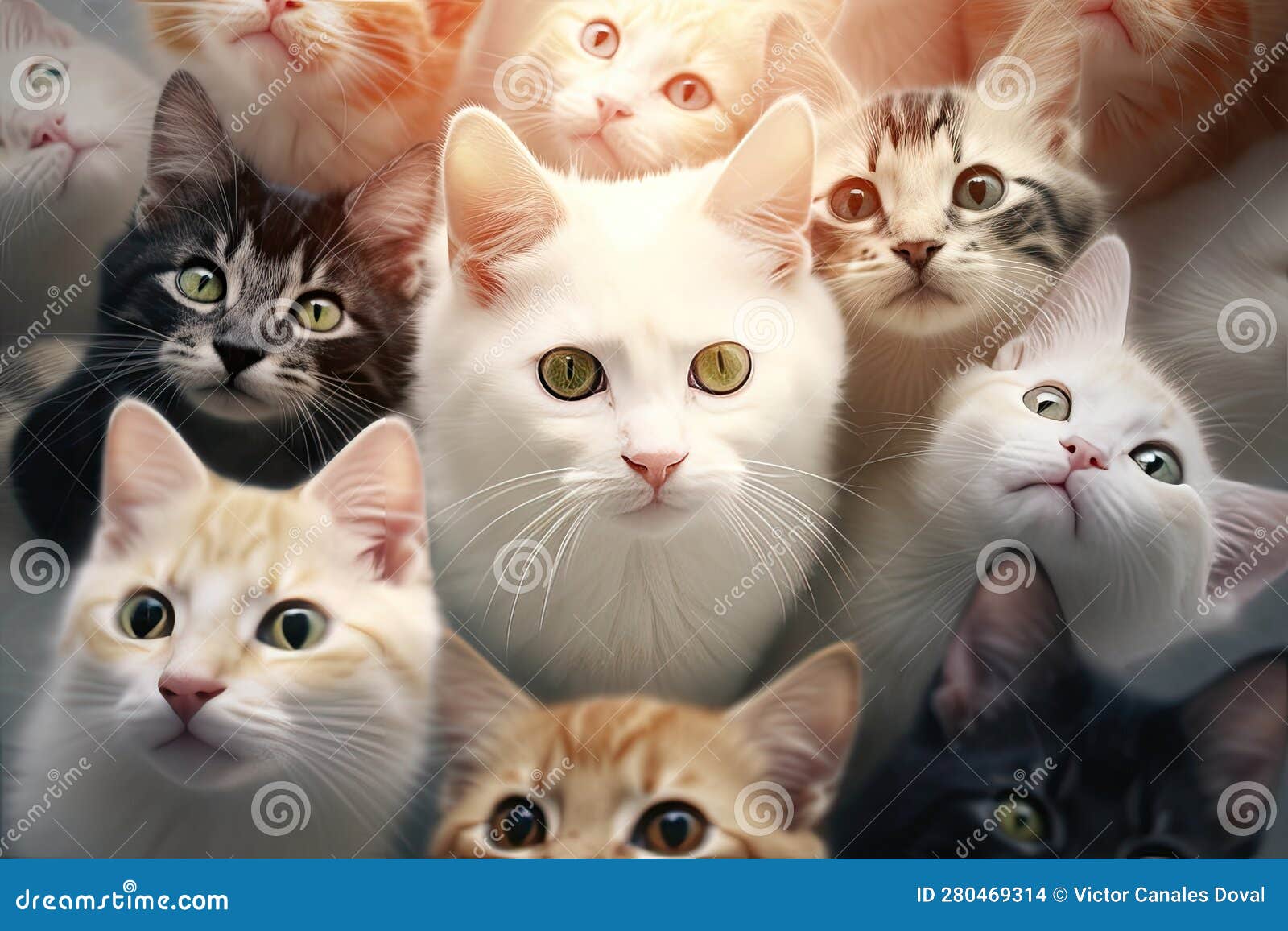 Crowded Group of Multi Colored Cat Kittens All Looking Straight Up at ...