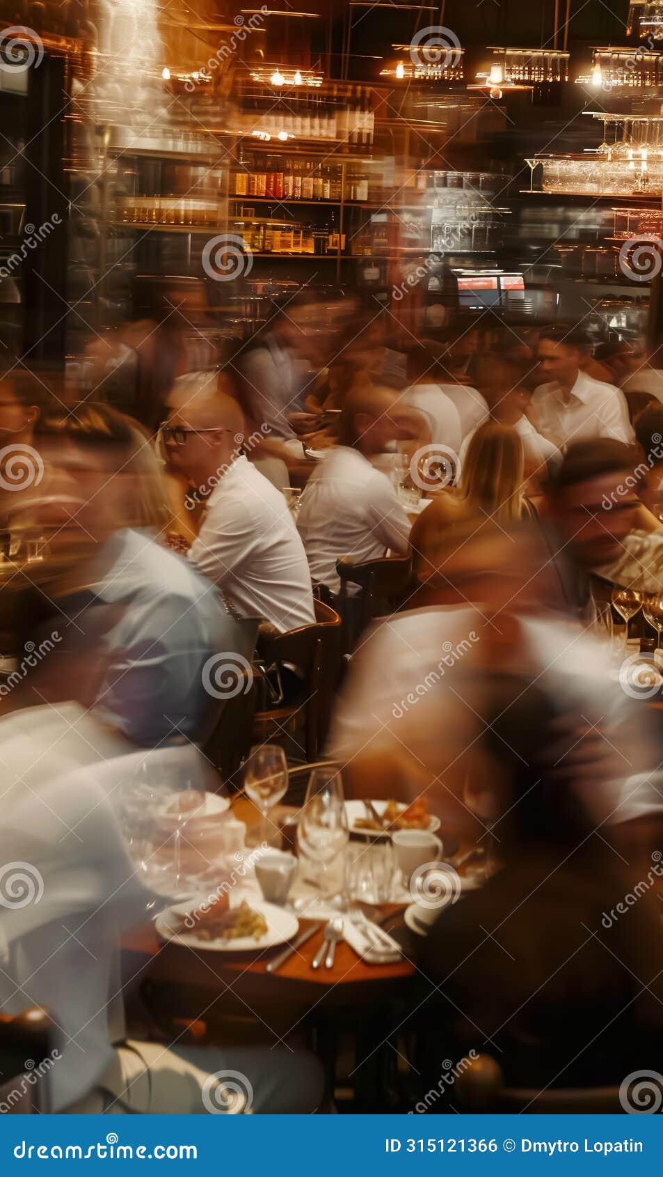 Crowded Restaurant with People Dining and Waiters, Bartender and Chefs ...