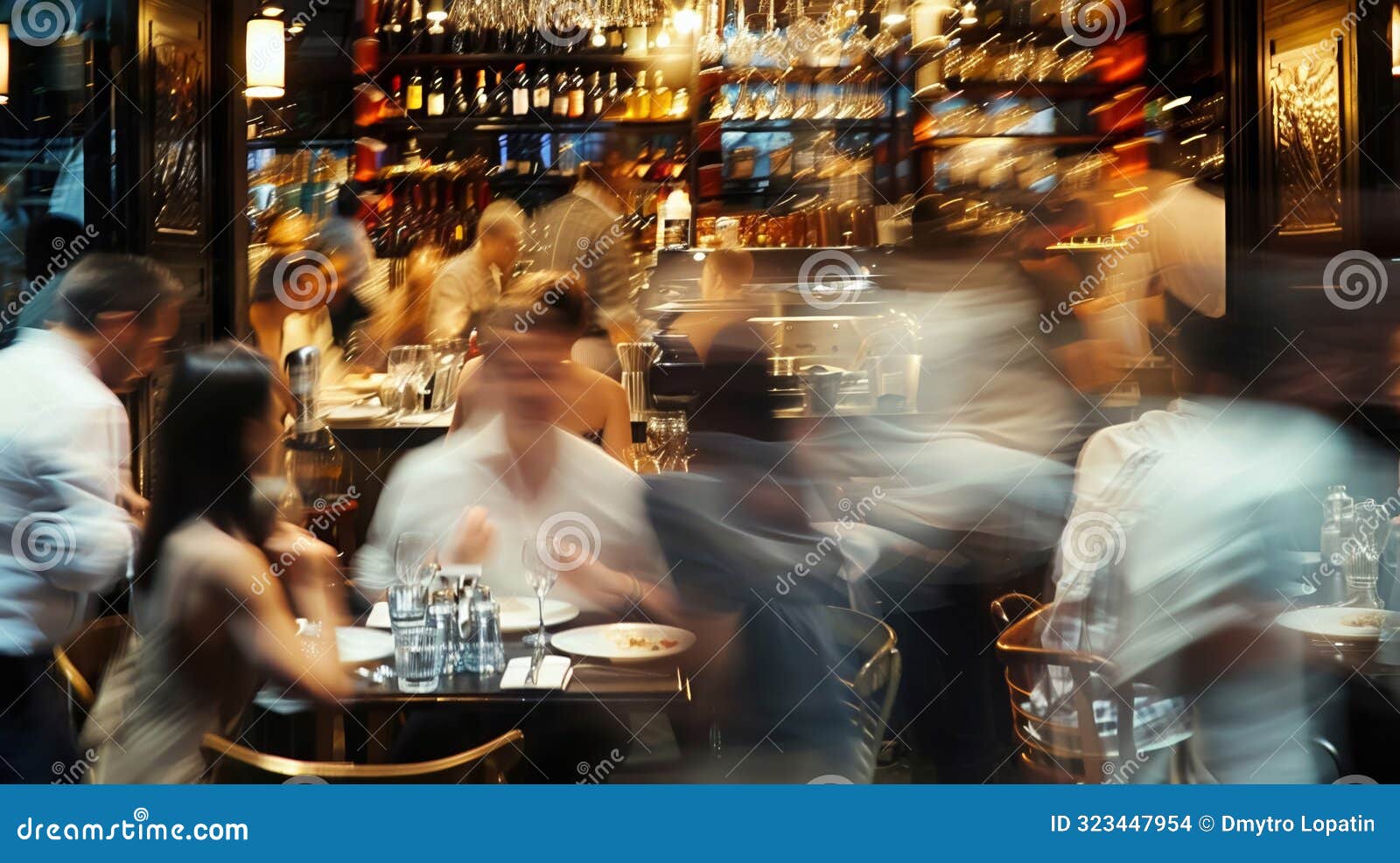 Crowded Restaurant or Pub with People Dining and Waiters, Bartender and ...