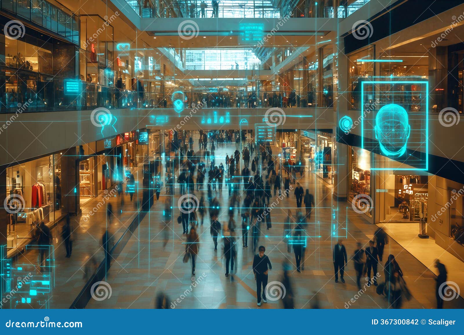 Crowded Shopping Mall With Futuristic Digital Displays And Diverse ...