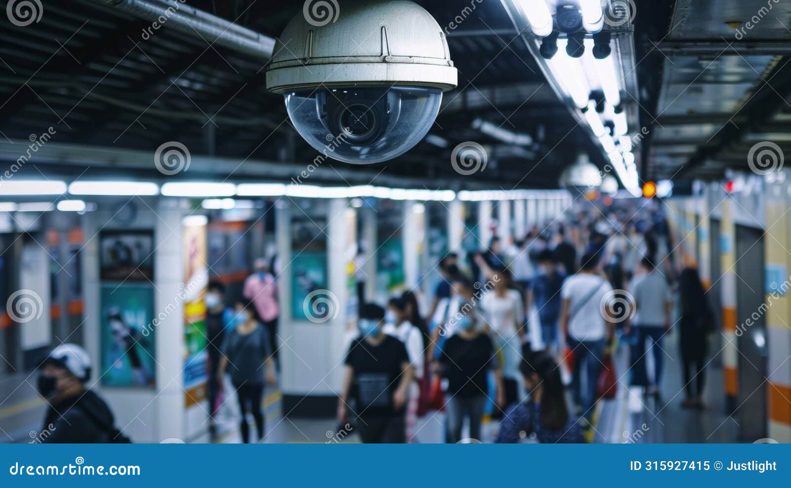 A Crowded Train Station Platform with Multiple Security Cameras Affixed ...
