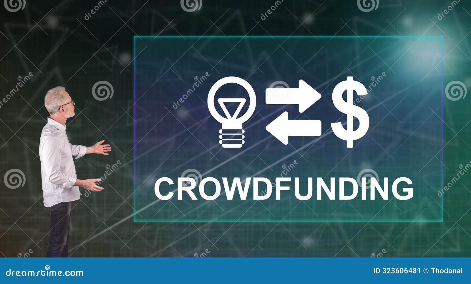 A Crowdfunding Concept Explained by a Businessman on a Wall Screen ...