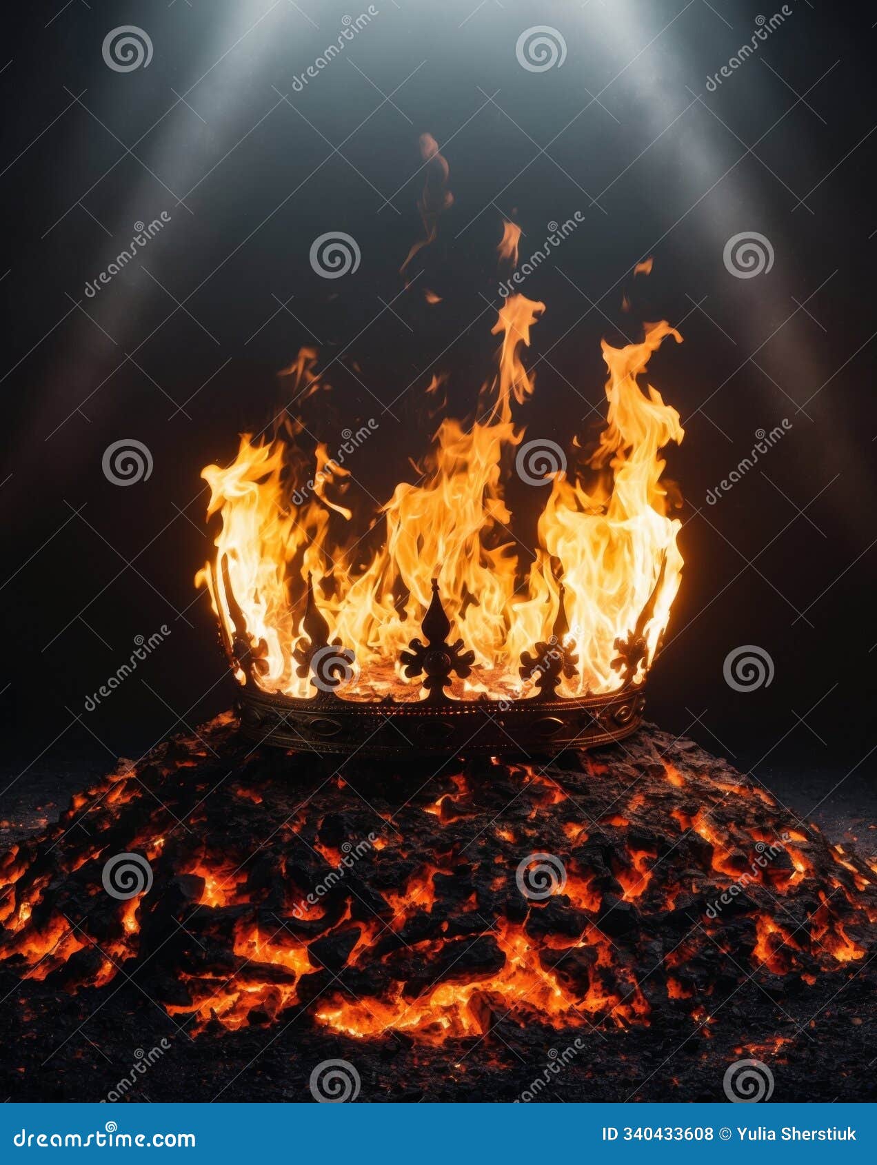 Crown Engulfed in Flames on a Bed of Glowing Embers in a Dark ...