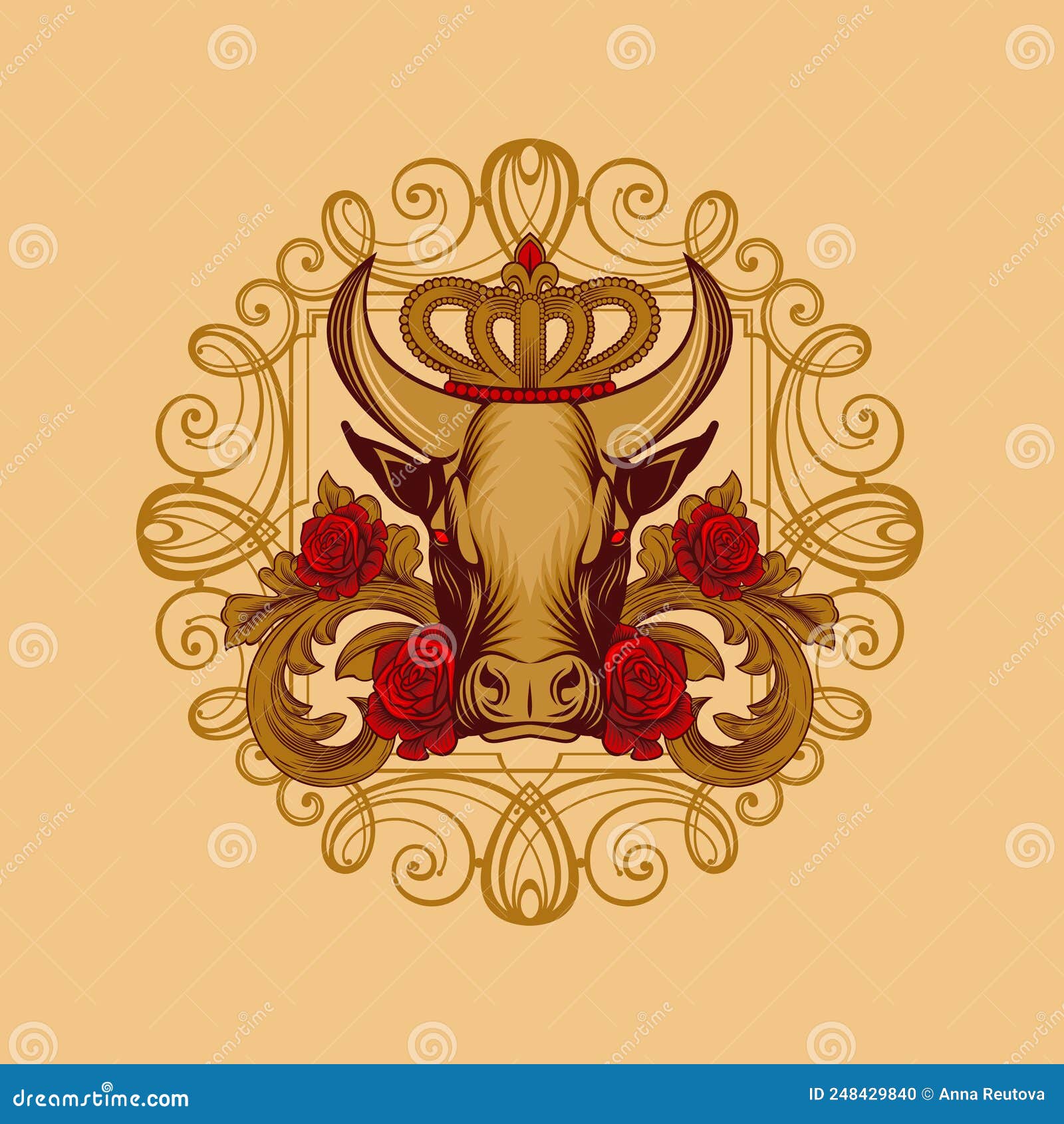 Crowned Bull with Roses Vector Illustration. Stock Vector ...