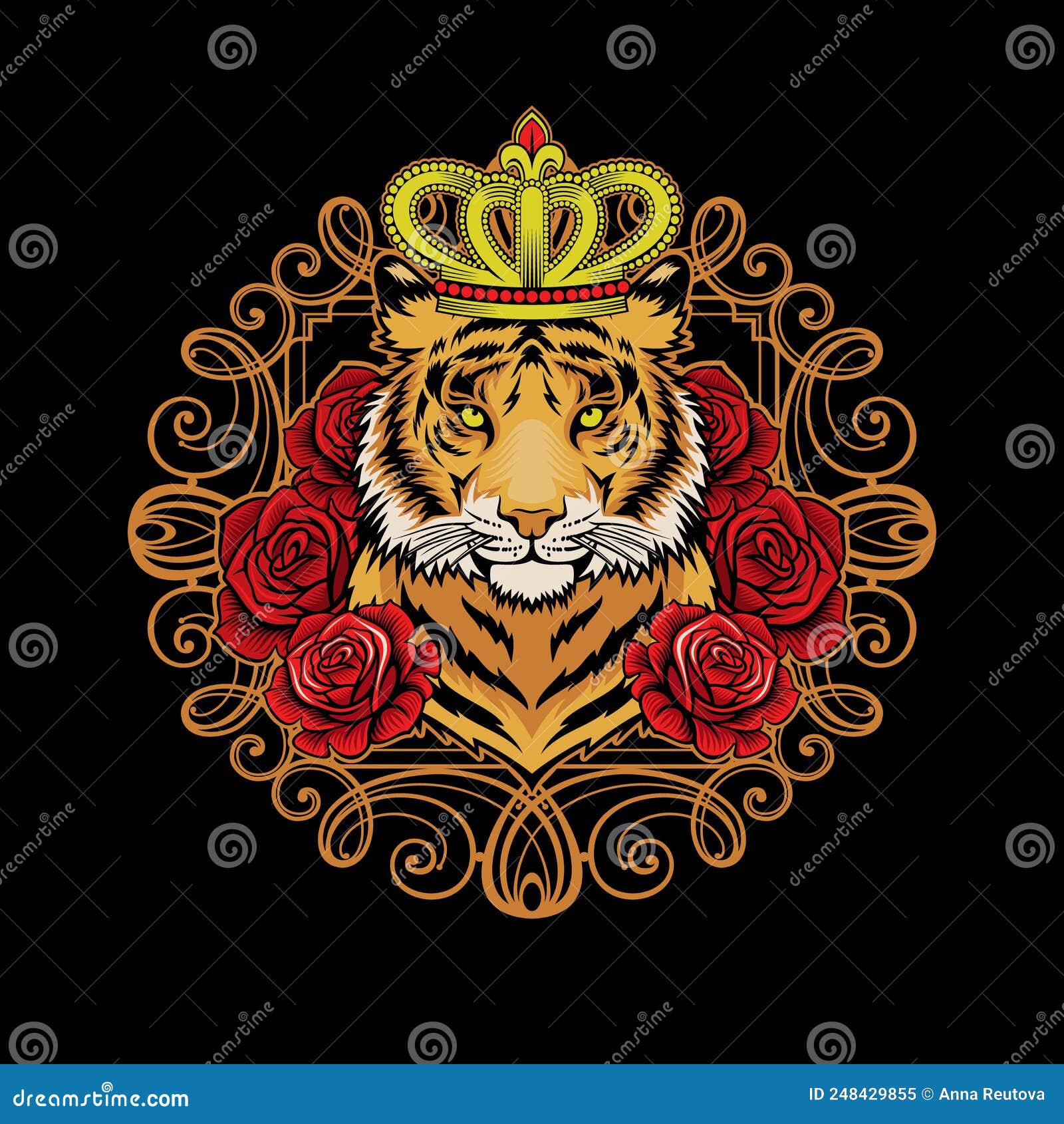 Crowned Tiger with Roses Vector Illustration Stock Vector ...