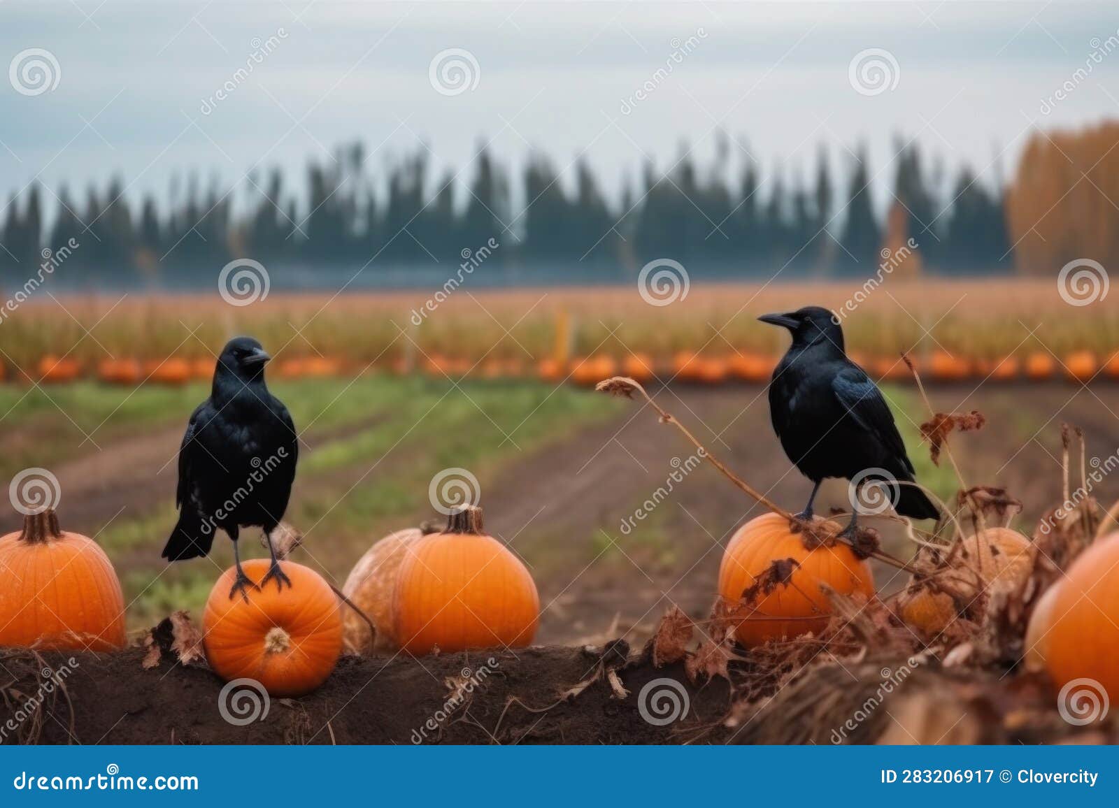 Crows on a Fence Pumpkin Patch in Background Stock Illustration ...