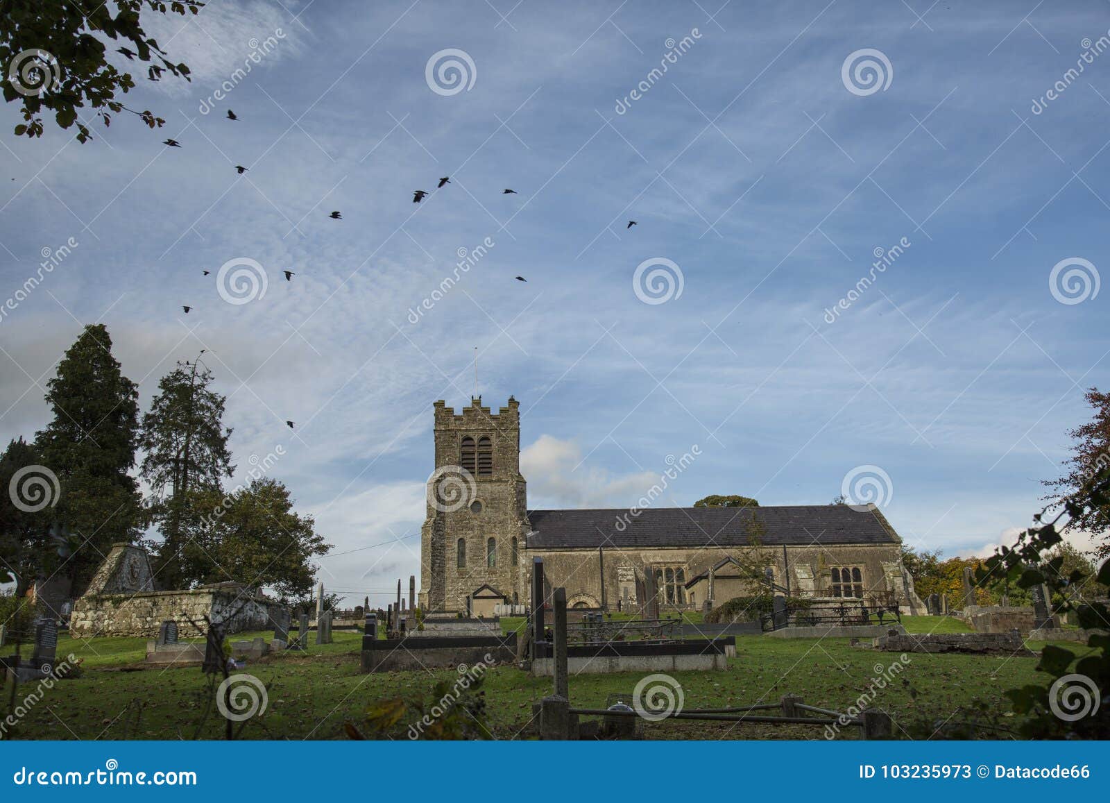Crows flying over church stock image. Image of background - 103235973