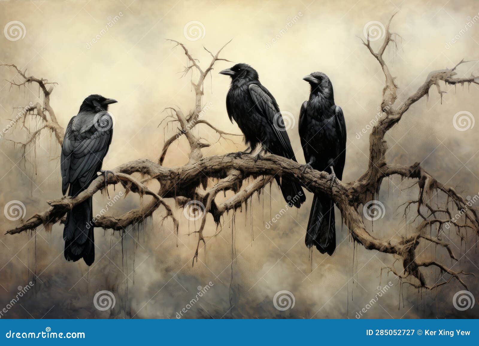 Crows Gathering on Tree Branch Stock Illustration - Illustration of ...