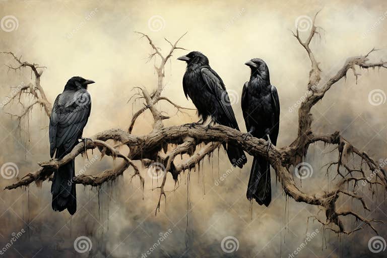 Crows Gathering on Tree Branch Stock Illustration - Illustration of ...