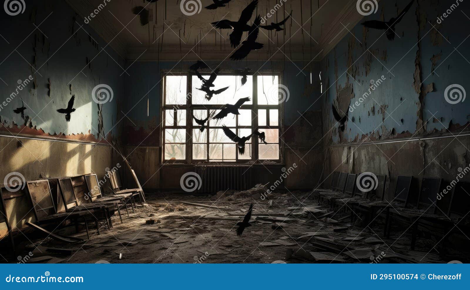 Crows in a Ruined School Building Stock Photo - Image of empty, town ...