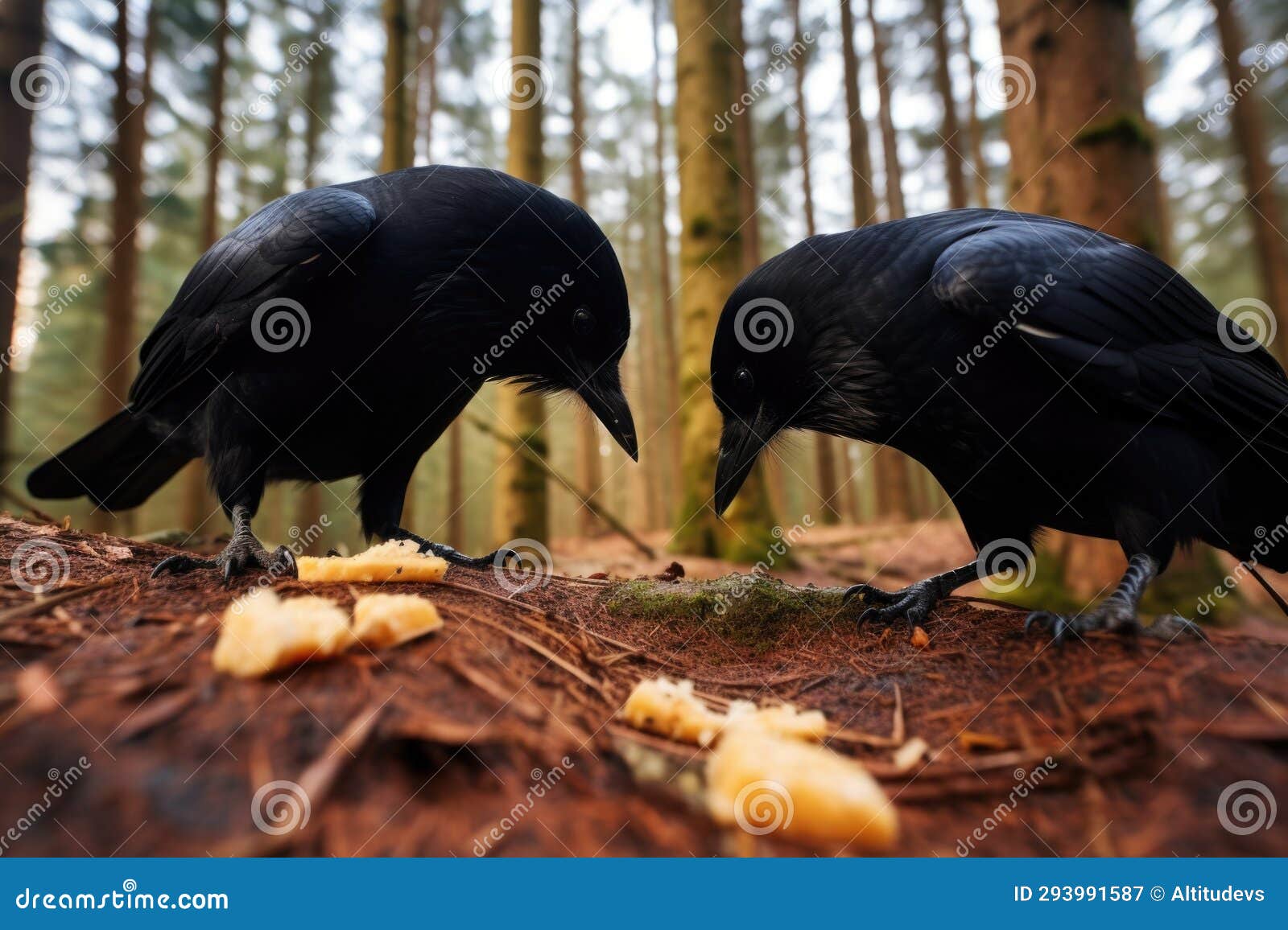 Crows Sharing Food in a Forest Stock Image - Image of scavenging, crows ...