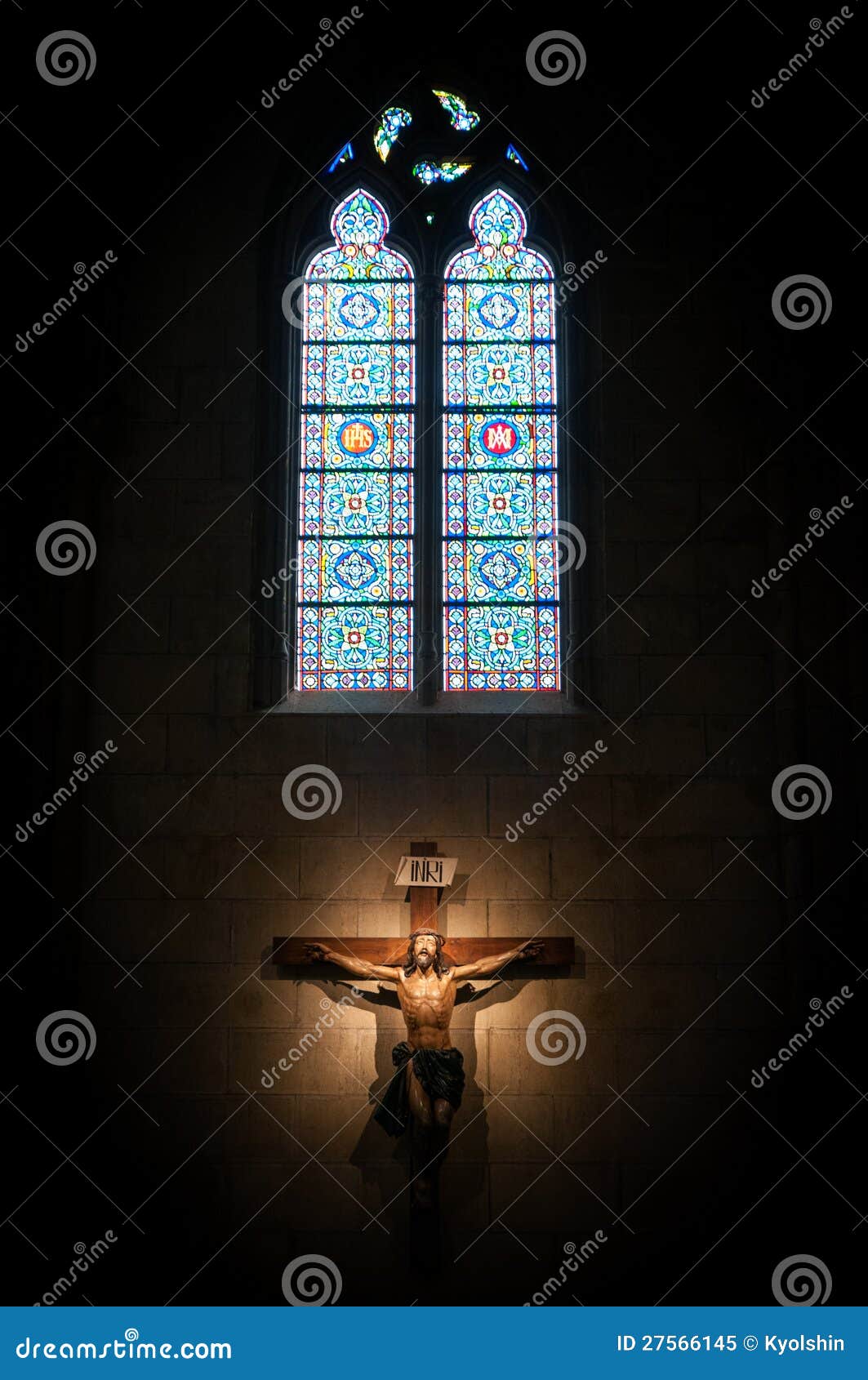 Crucifix in Church Under Stained Glass Window. Editorial Image - Image ...