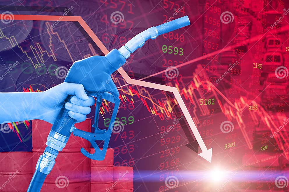 Crude Oil Retail Price Decrease Low Negative Concept, Red Business Stock Chart Overlay Hand with ...