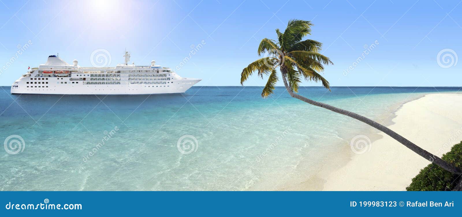 Cruise Ship Arriving at Tropical Beach Stock Image - Image of luxury ...