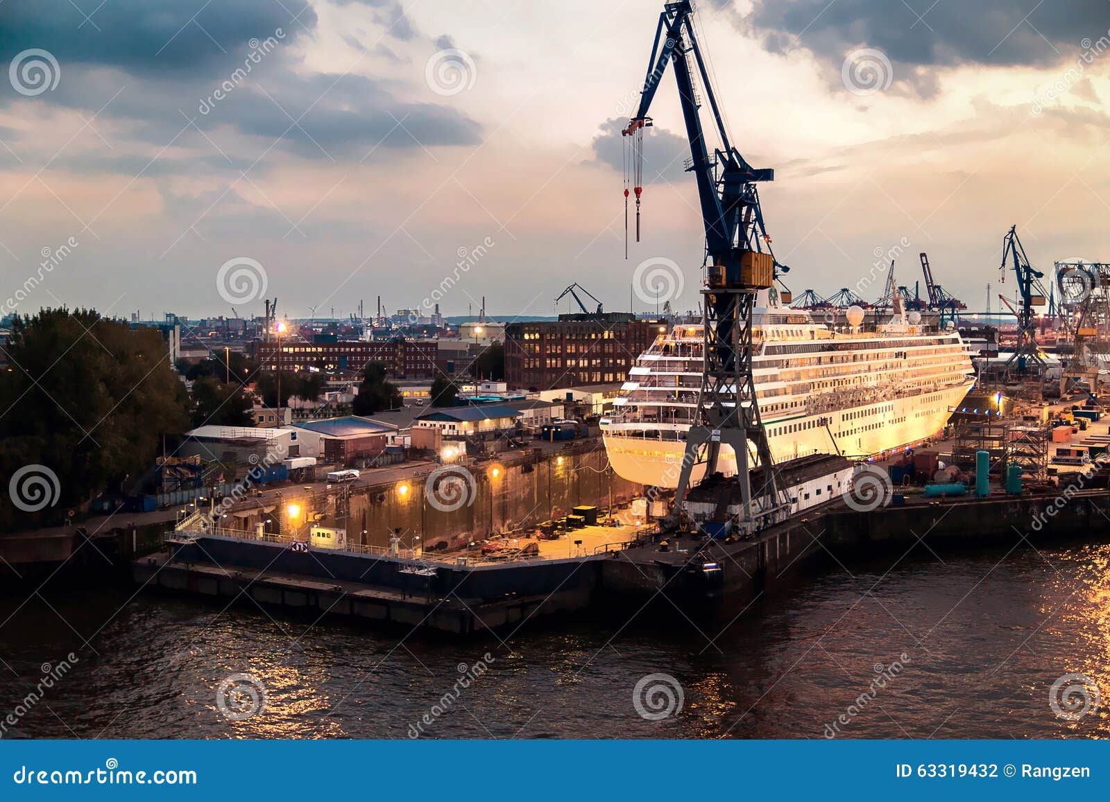 Cruise Ship in Dry Dock in Hamburg Harbor in the Evening Stock Photo ...