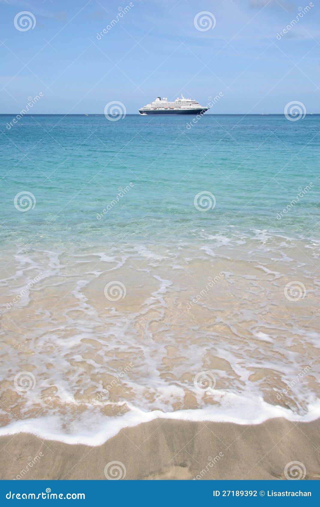 Cruise Ship on the Horizon of Tropical Beach Stock Photo - Image of ...