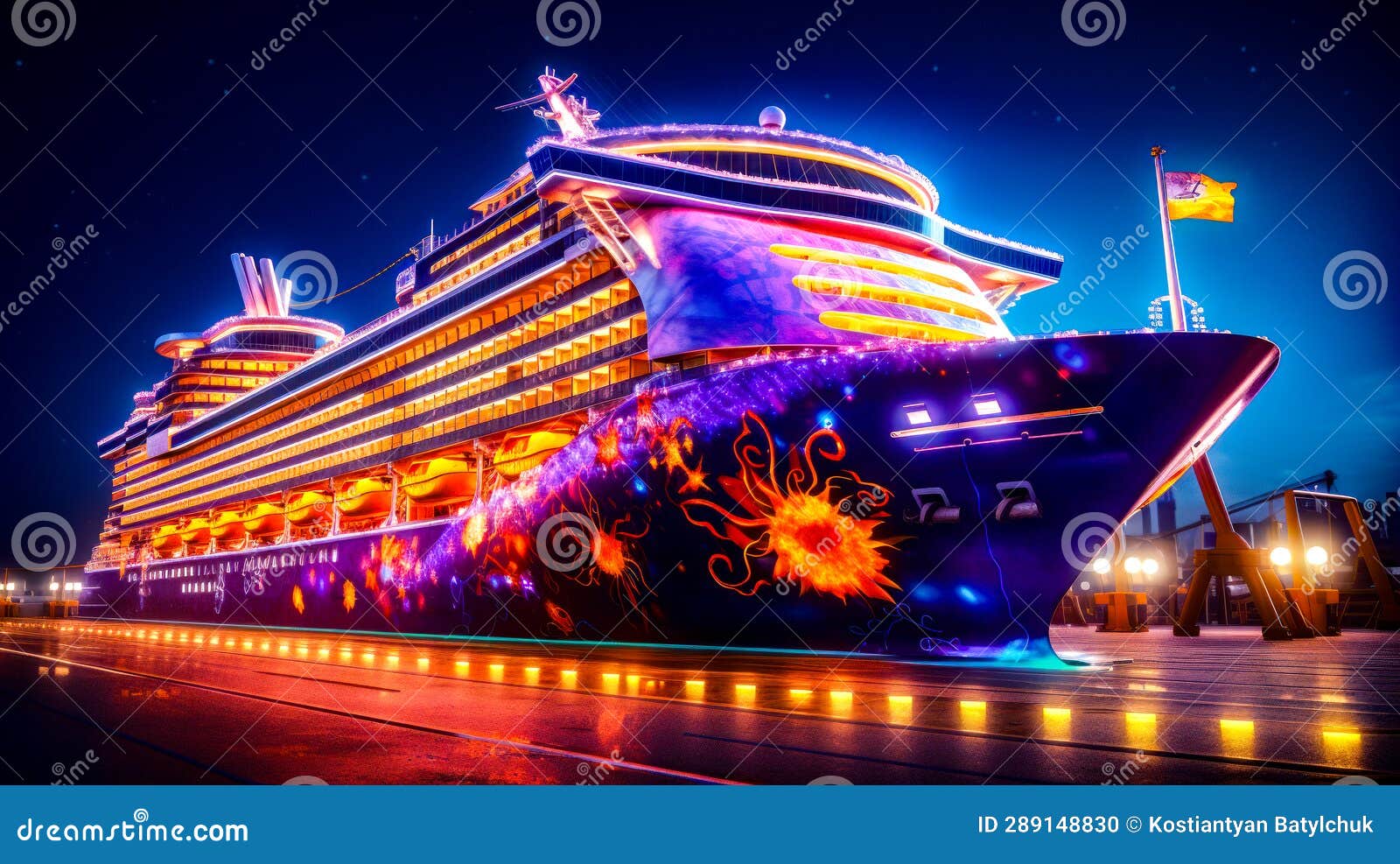 Cruise Ship is Lit Up at Night with Bright Lights on the Side of it ...