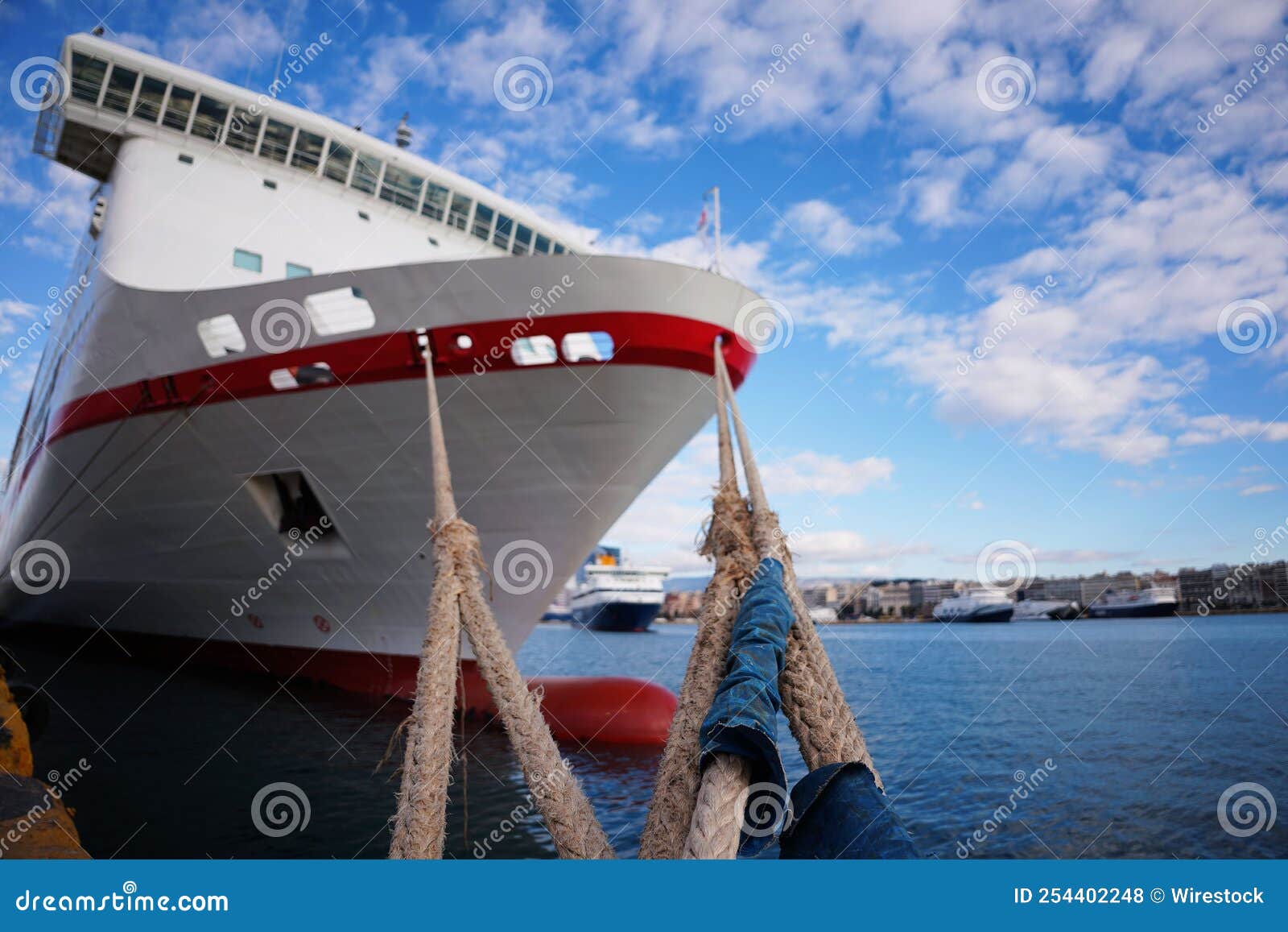 Cruise Ship Moored with Ropes in Port Stock Photo - Image of blue ...
