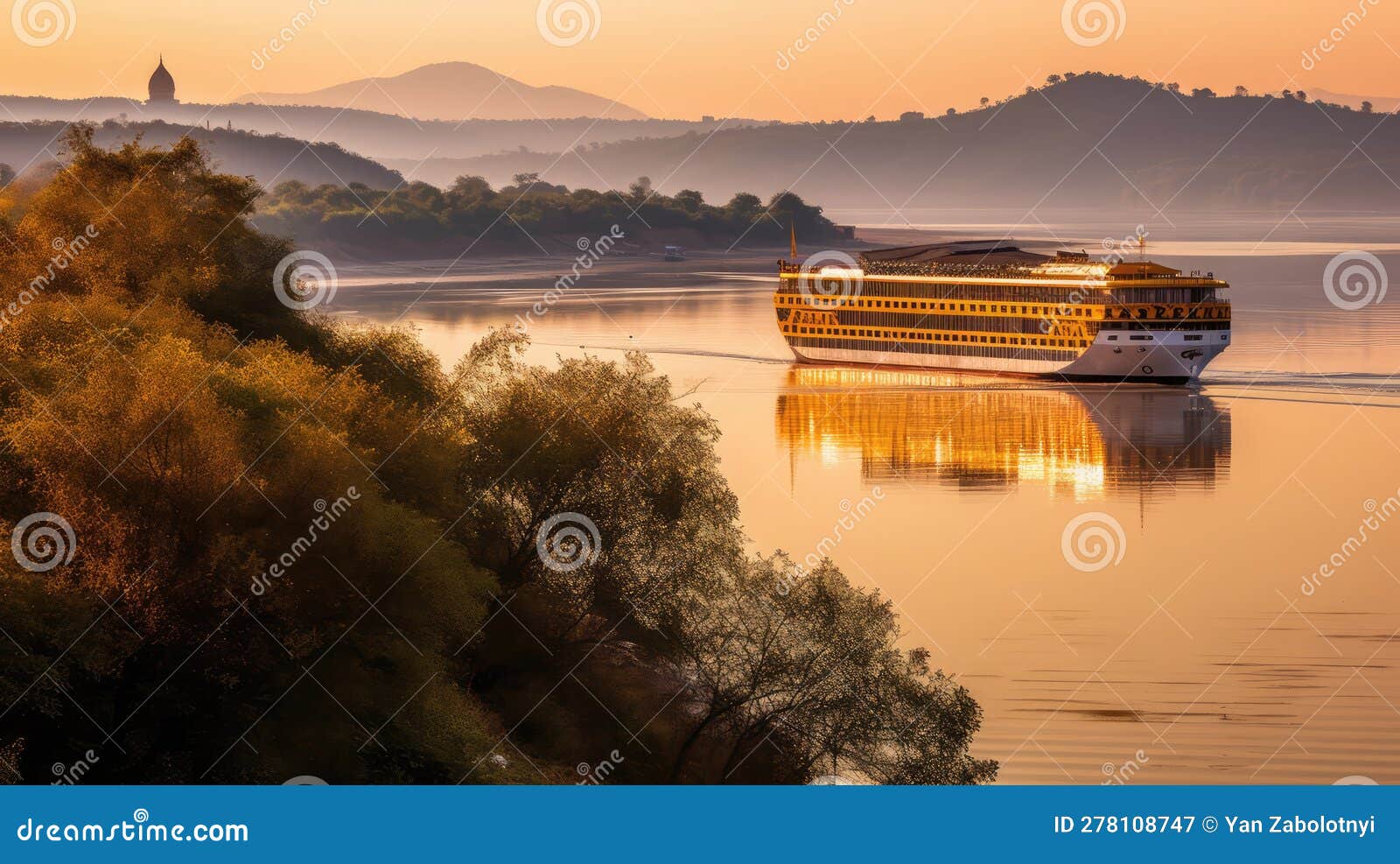 A Cruise Ship Navigating River in Myanmar with Pagodas Visible on the ...