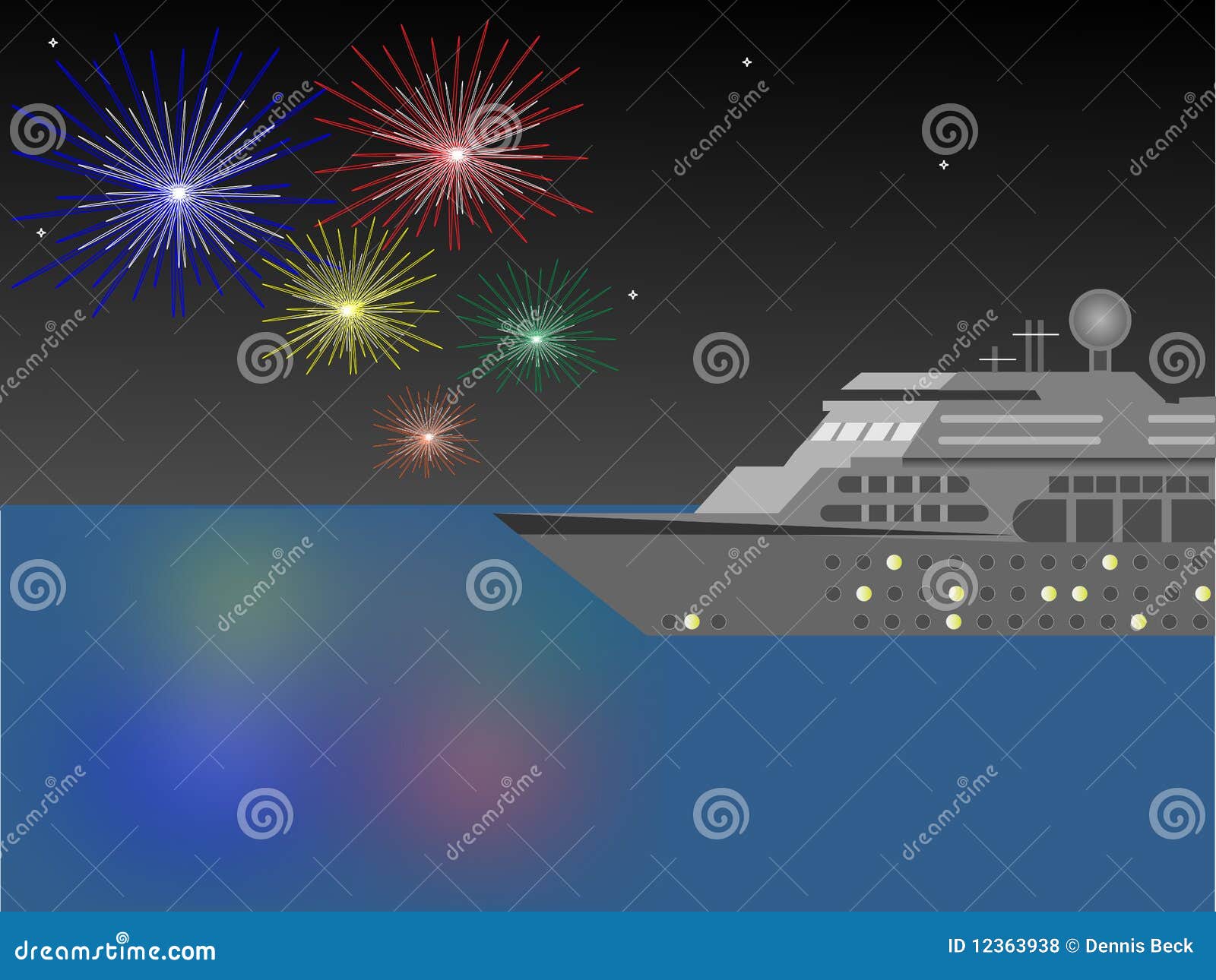Cruise Ship at Night with Fireworks Stock Vector - Illustration of ...