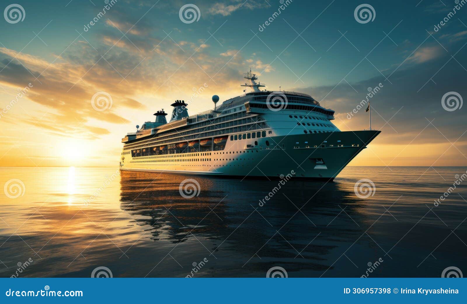 The Cruise Ship on the Ocean at Sunset with Sunset Colored Sky Stock ...