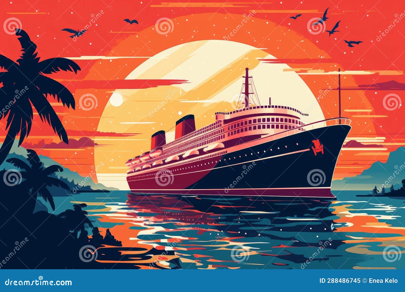 Cruise Ship Out on the Ocean, Vector, Retro Aesthetic, Illustration ...