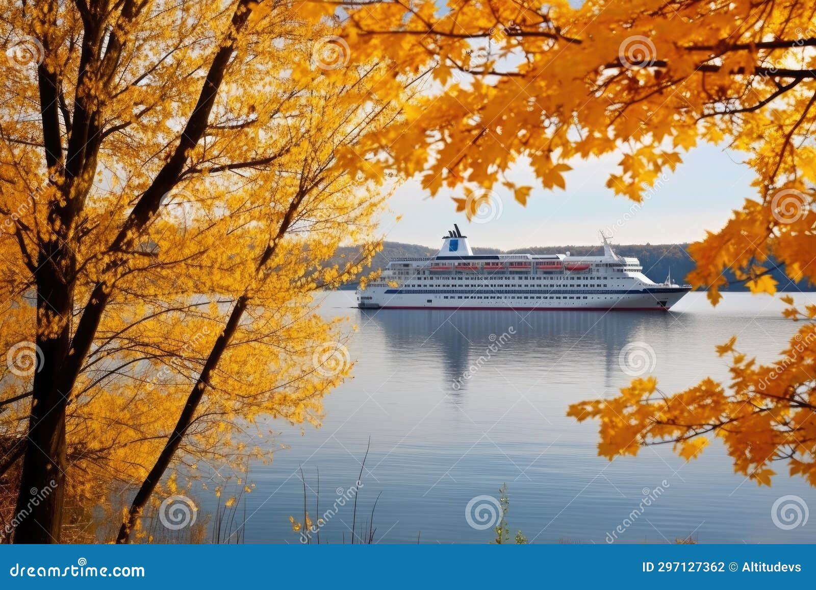 Cruise Ship Sailing Under Autumn-colored Trees Stock Photo - Image of ...