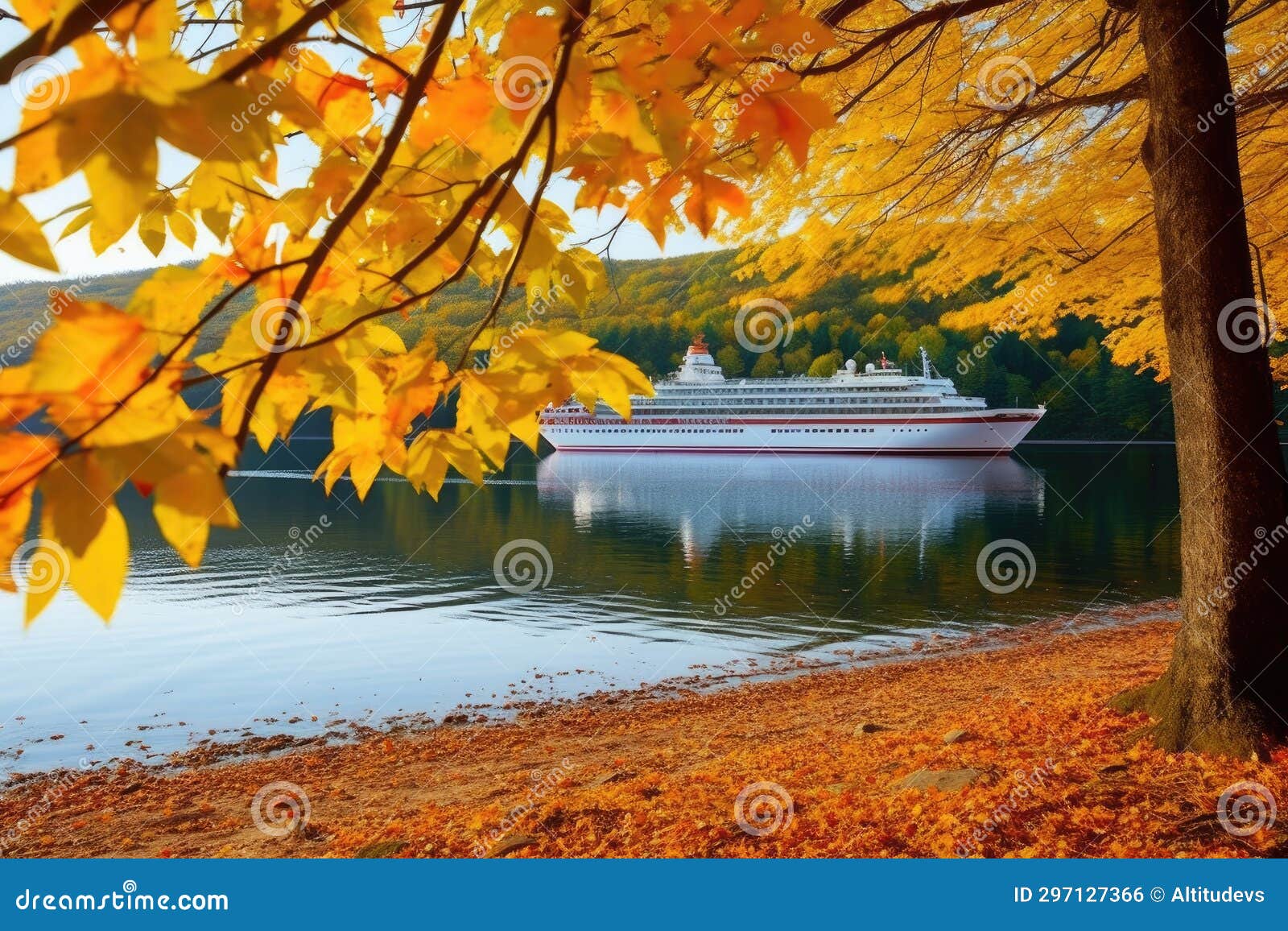 Cruise Ship Sailing Under Autumn-colored Trees Stock Photo - Image of ...