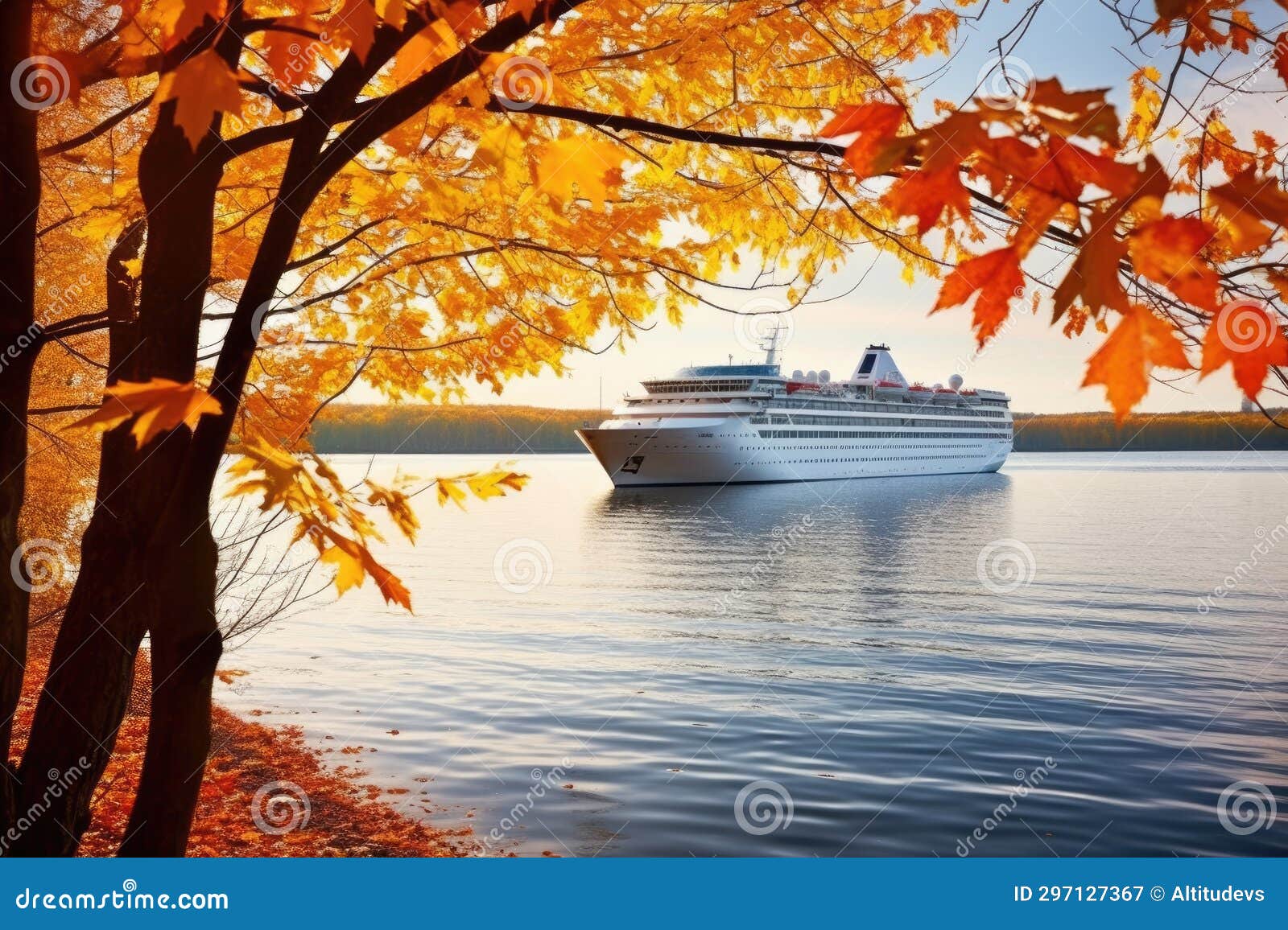 Cruise Ship Sailing Under Autumn-colored Trees Stock Image - Image of ...