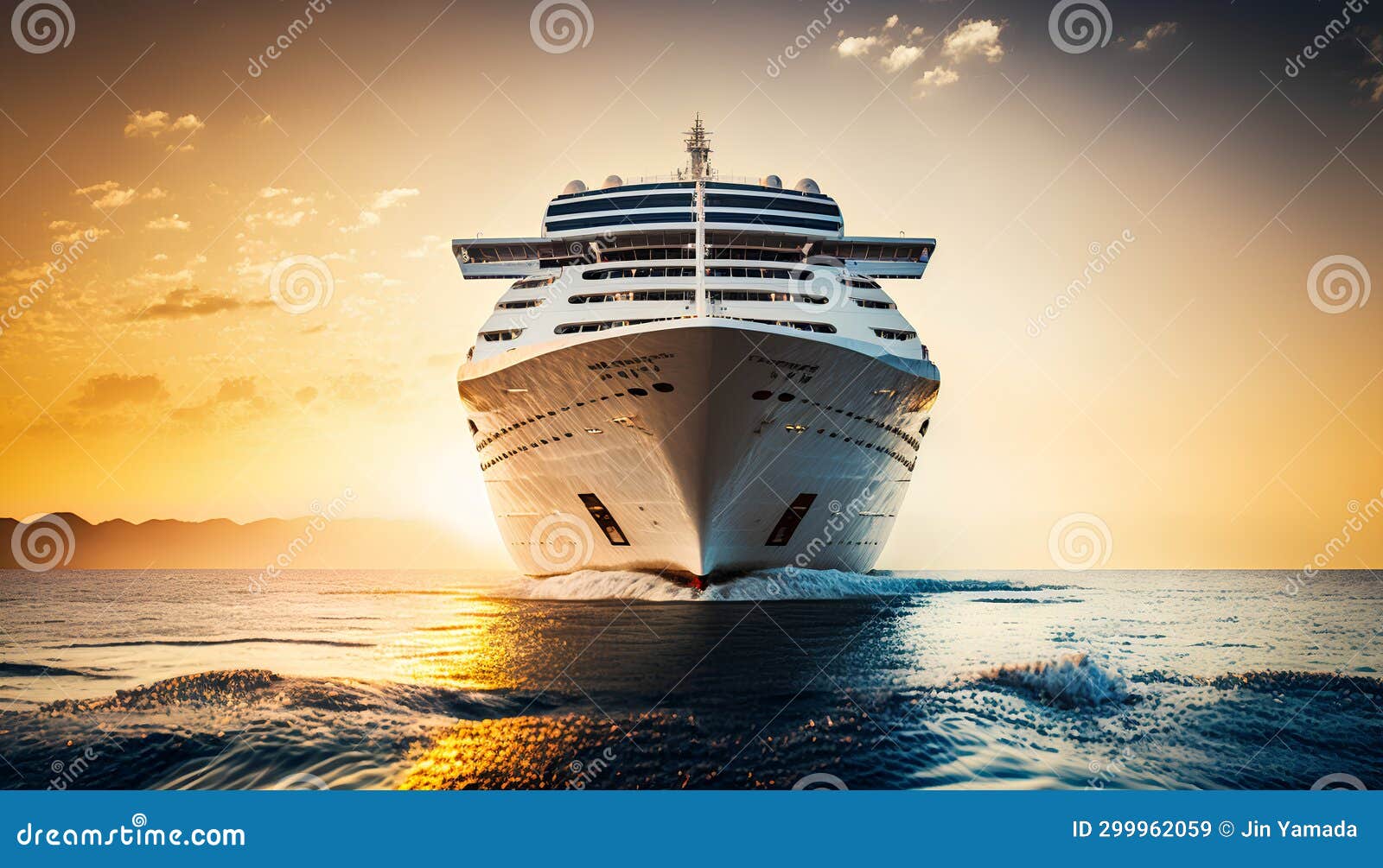 Cruise Ship in the Sea at Sunset. 3D Rendering Stock Illustration ...