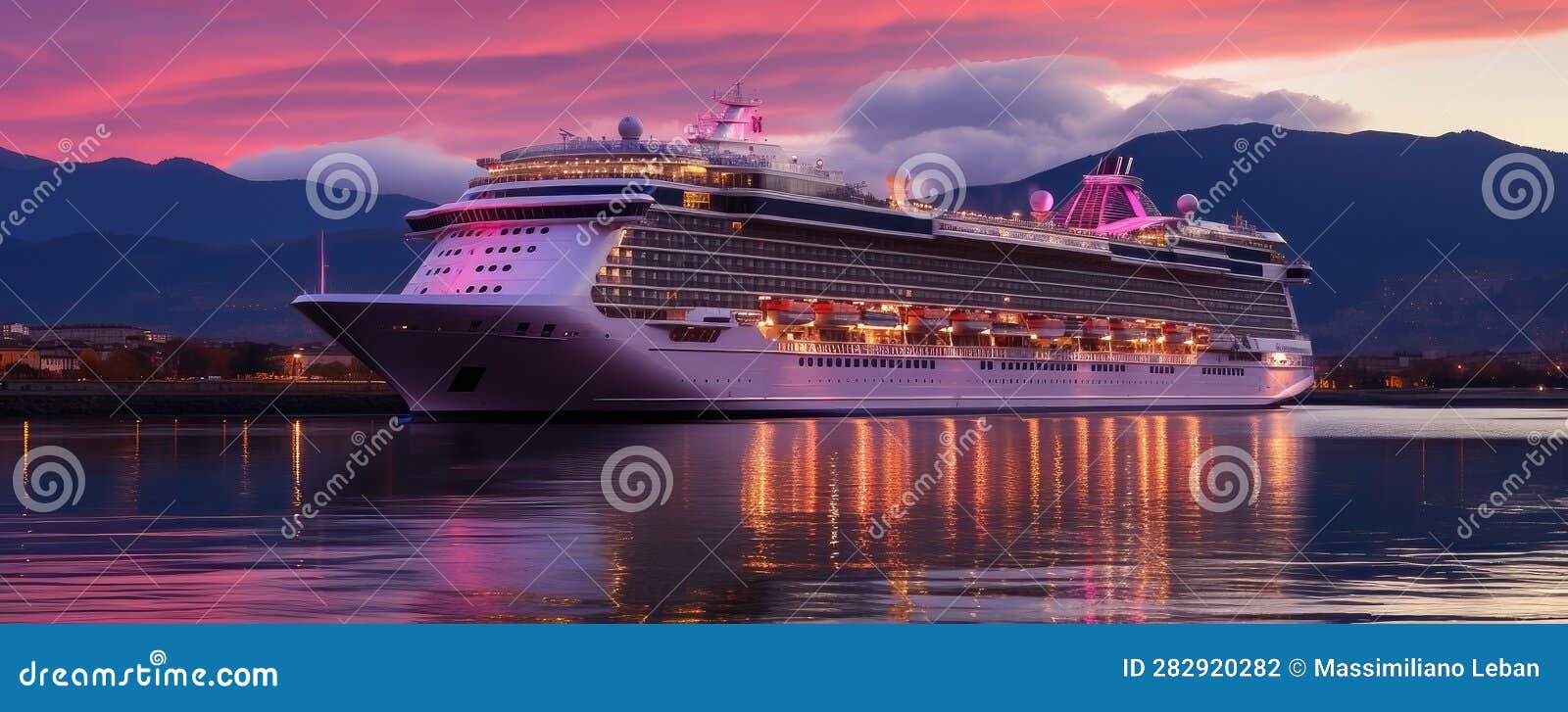 Cruise ship at sunset stock illustration. Illustration of tourism ...